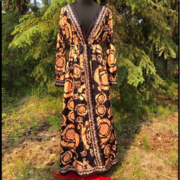 Swim | New Black Gold Plunge High Slit Long Sleeve Swimsuit Beach Cover ...